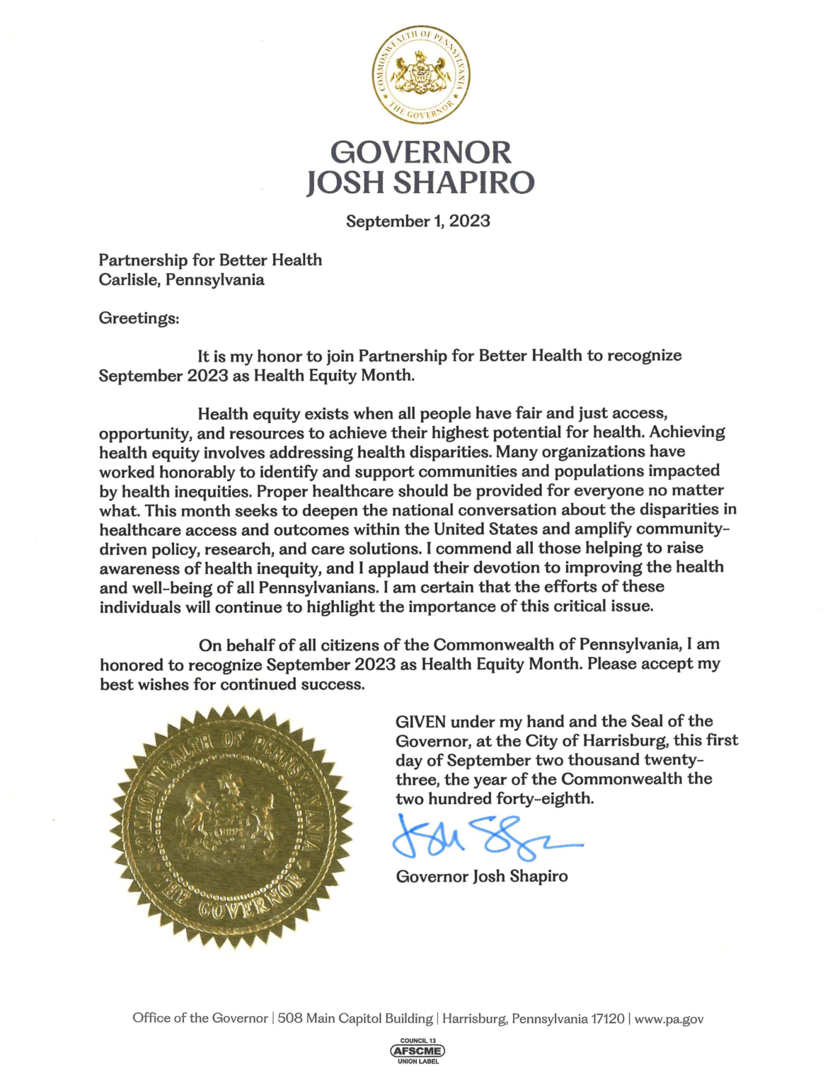 Gov. Josh Shapiro Proclaims September 2023 as Health Equity Month ...